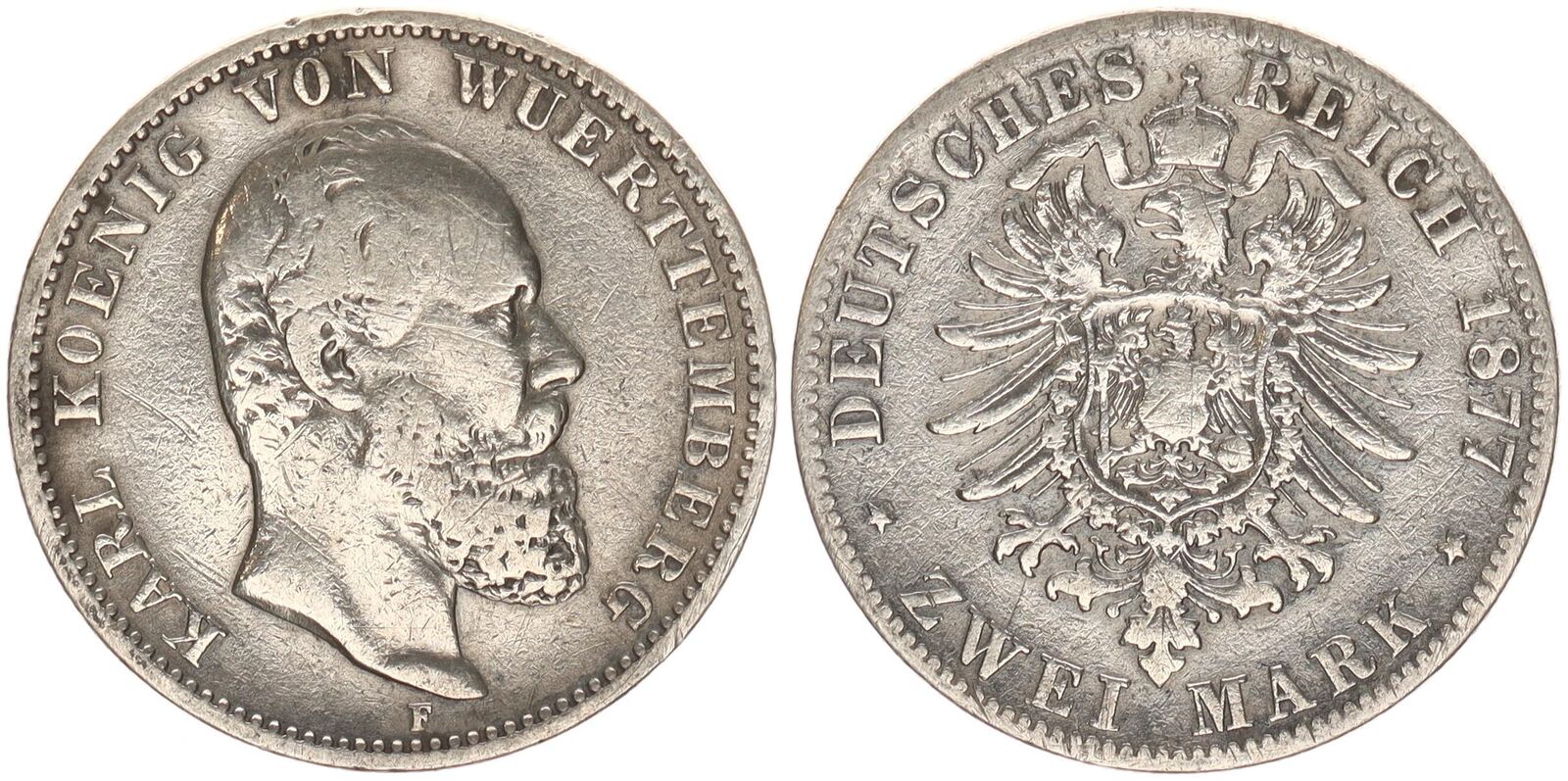 Württemberg 2 Mark 1877 F König Karl s-ss | MA-Shops