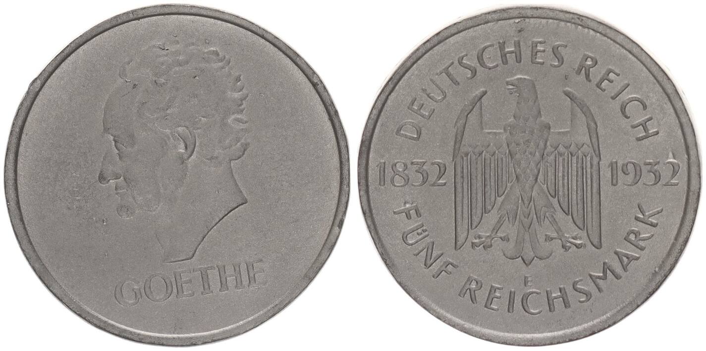 Weimarer Republik 5 Mark 1932 J Goethe Fälschung in Blei-Zinn Legierung ...