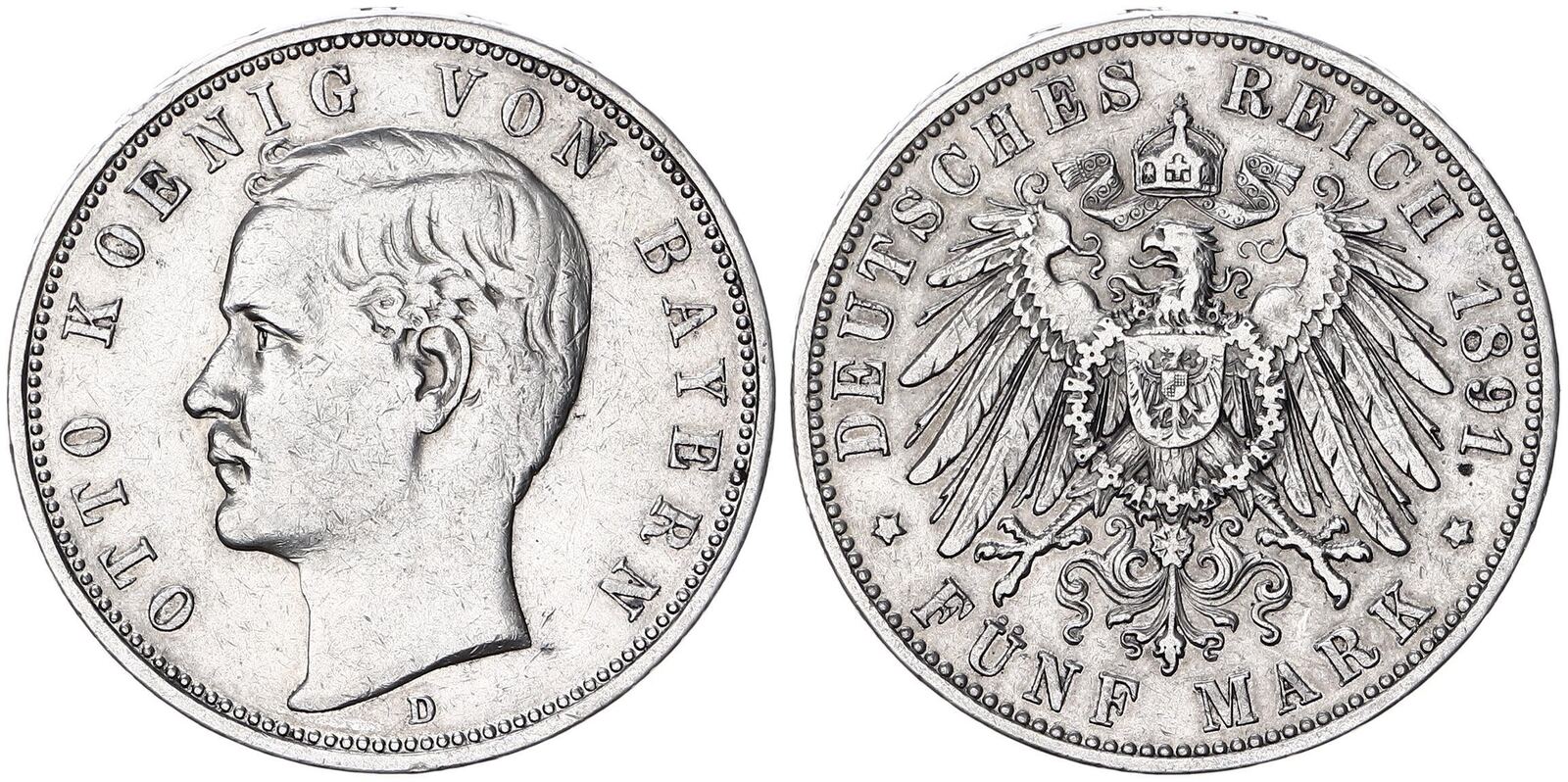 Kaiserreich / Bayern 5 Mark 1891 D König Otto ss+ | MA-Shops