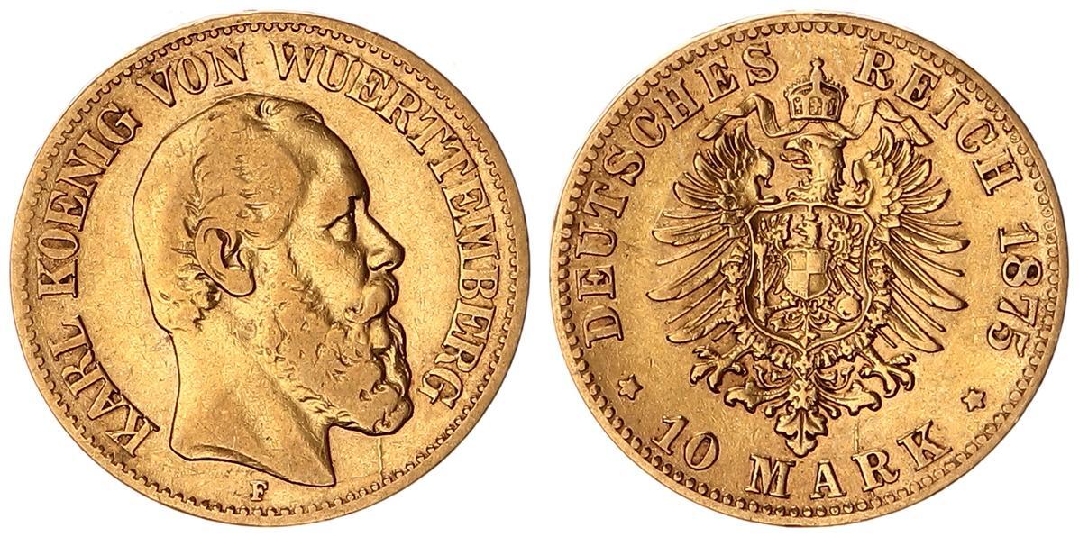 Württemberg 10 Mark Gold 1875 F Karl ss | MA-Shops