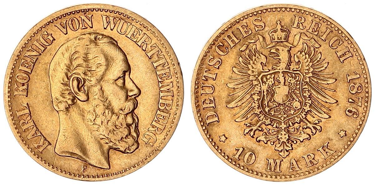 Württemberg 10 Mark Gold 1876 F Karl ss | MA-Shops