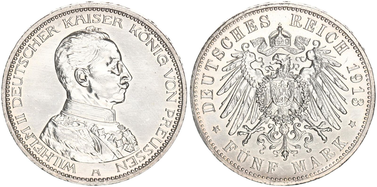 Preußen 5 Mark 1913 A Kaiser in Uniform Wilhelm II vz+, leicht gereinigt | MA-Shops
