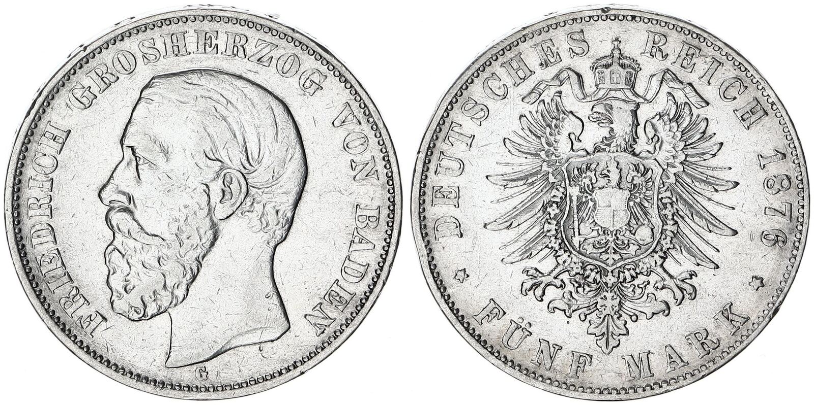 Kaiserreich - Baden 5 Mark Silber 1876 G Friedrich I. A mit Querstrich ...