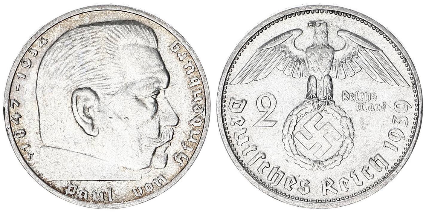 3. Reich 2 Mark 1939 F Paul von Hindenburg J.366 vz-st | MA-Shops