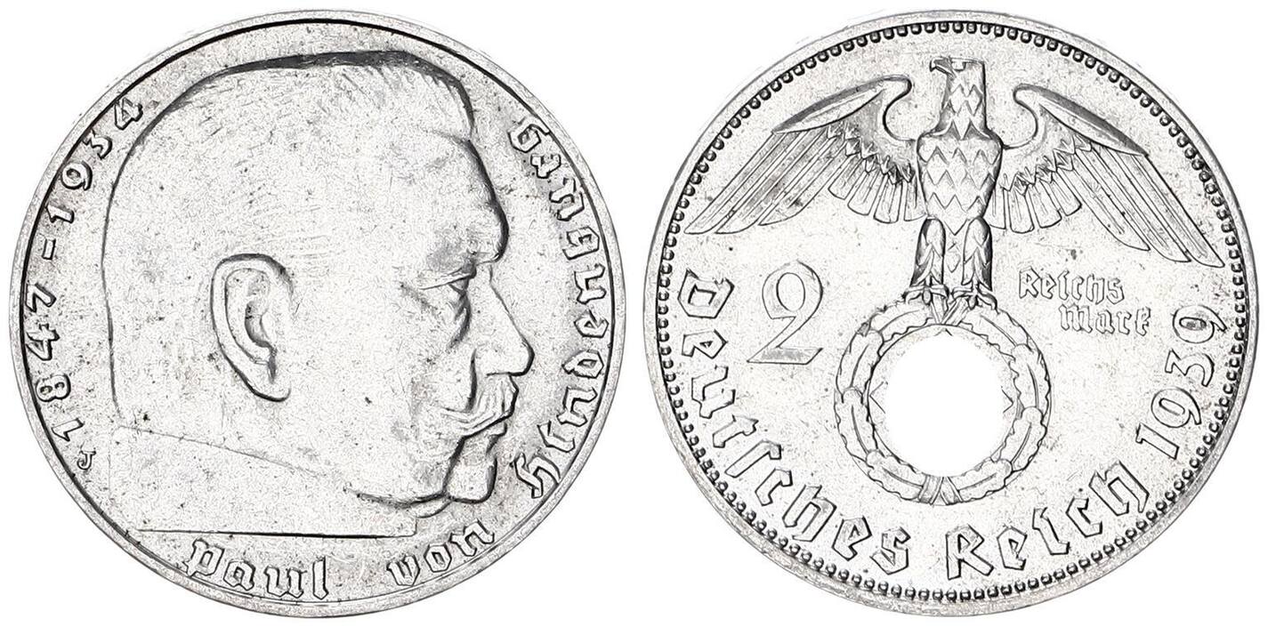 3. Reich 2 Mark 1939 J Paul von Hindenburg J.366 vz-st | MA-Shops