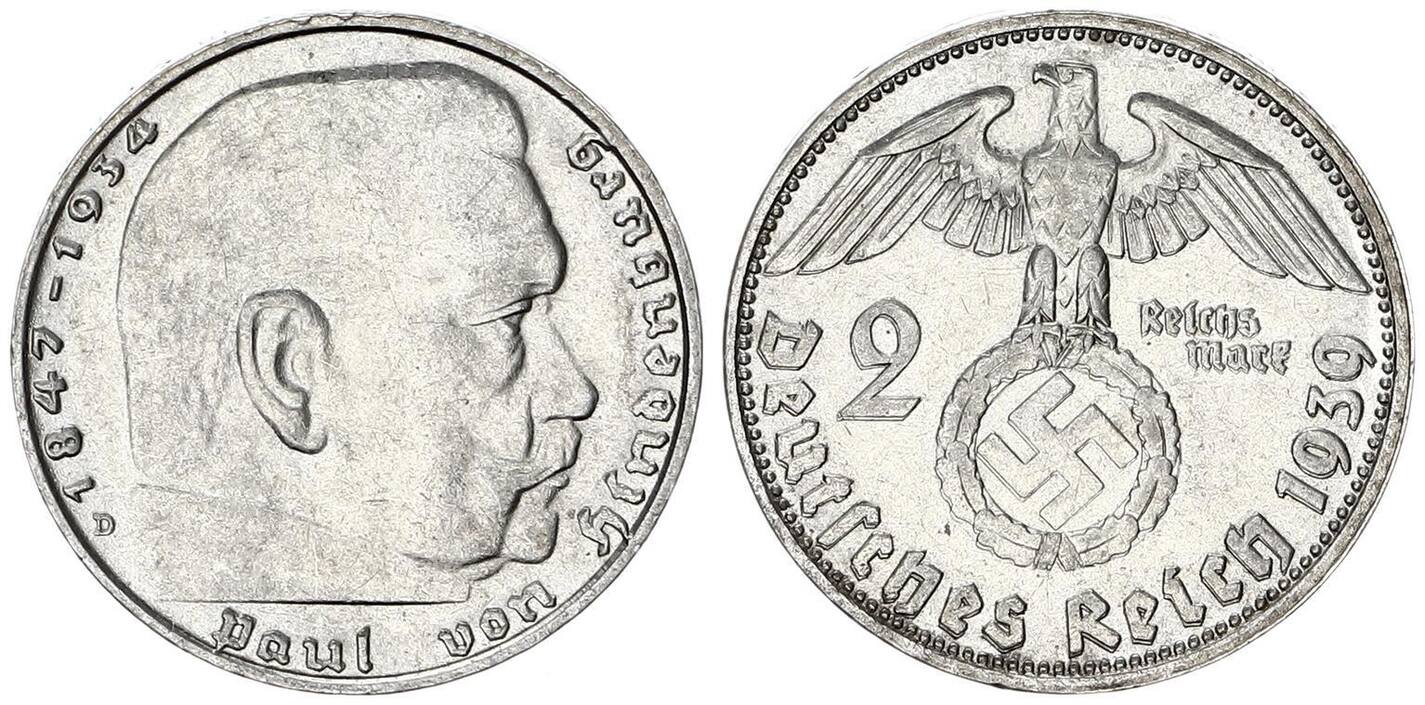 3. Reich 2 Mark 1939 D Paul von Hindenburg J.366 Wertseite Schrift leicht doppelt vz | MA-Shops