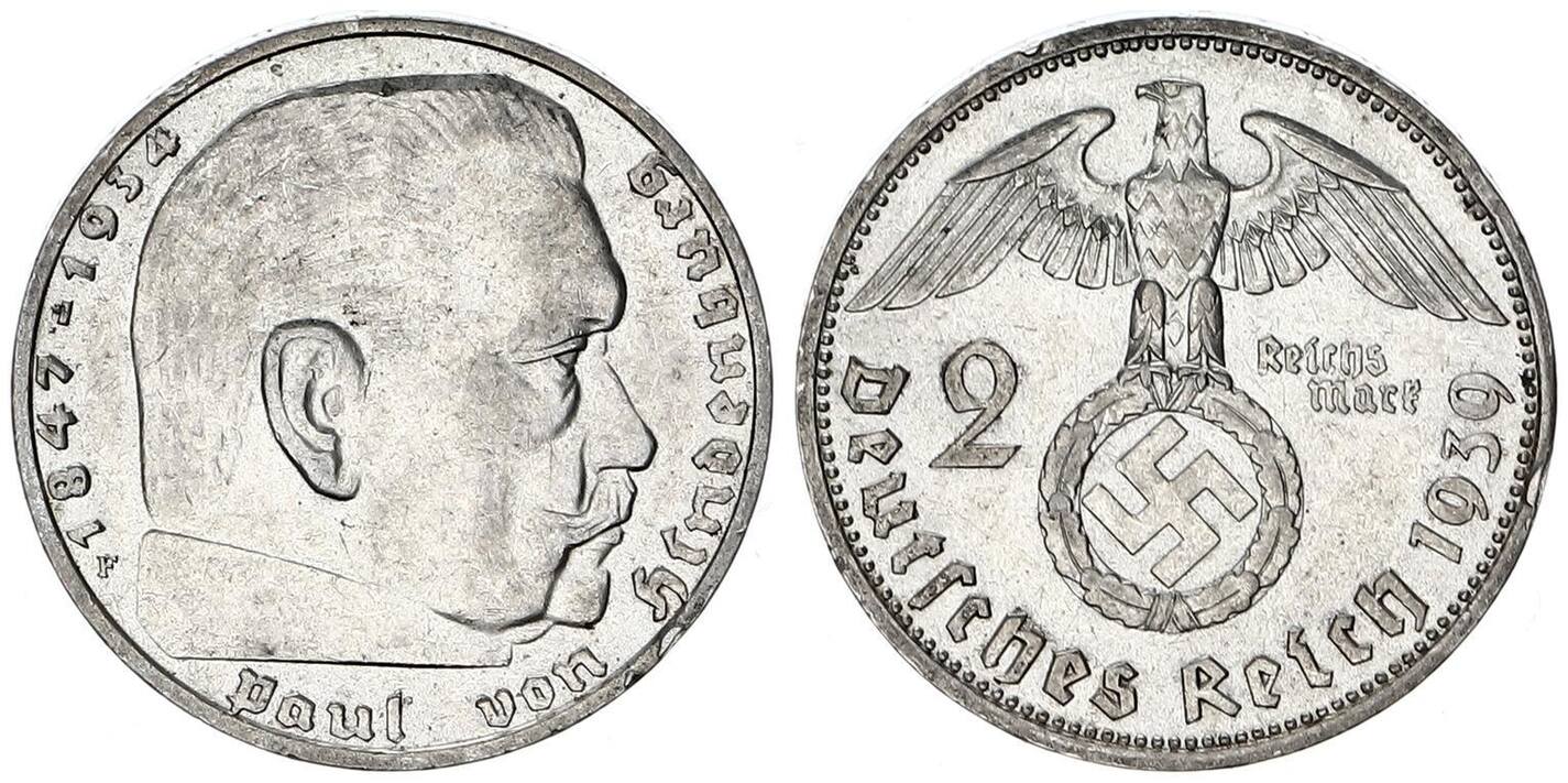 3. Reich 2 Mark 1939 F Paul von Hindenburg J.366 vz | MA-Shops