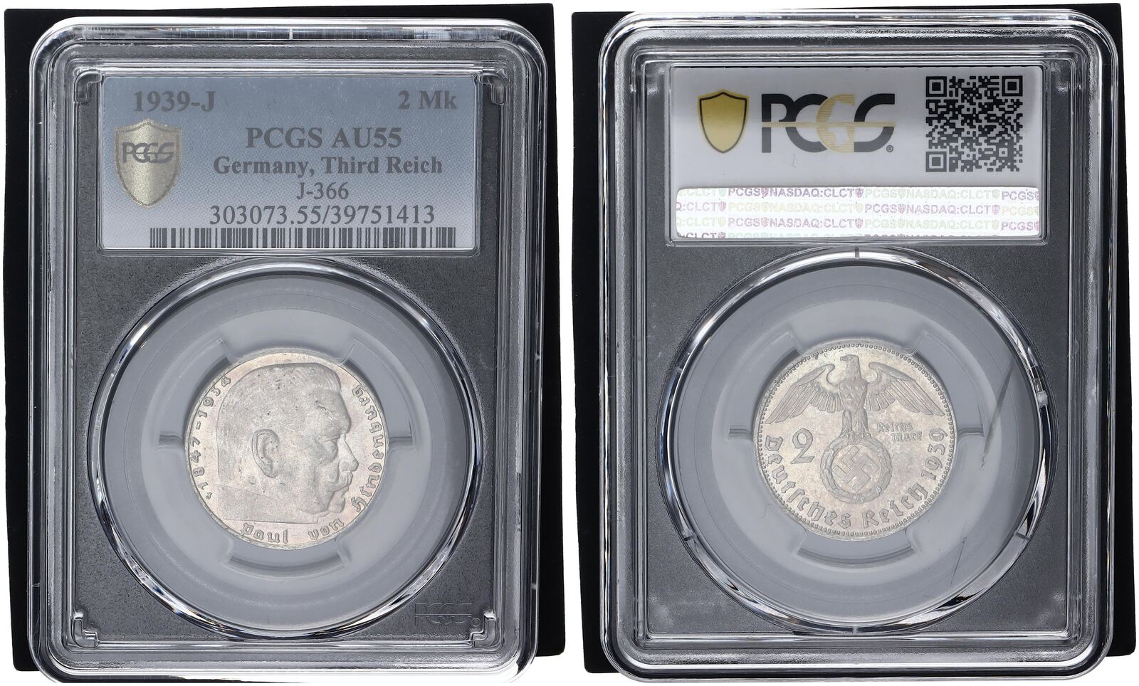 Germany, 3. Reich 2 Mark 1939-J Hindenburg J.366 PCGS AU55 | MA-Shops