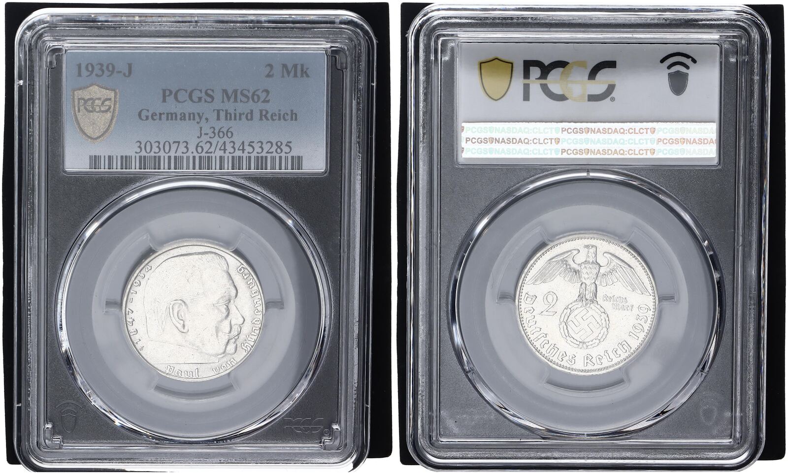 Germany 3. Reich 2 Mark 1939 J Paul von Hindenburg J.366 PCGS MS62 - fast Stempelglanz | MA-Shops