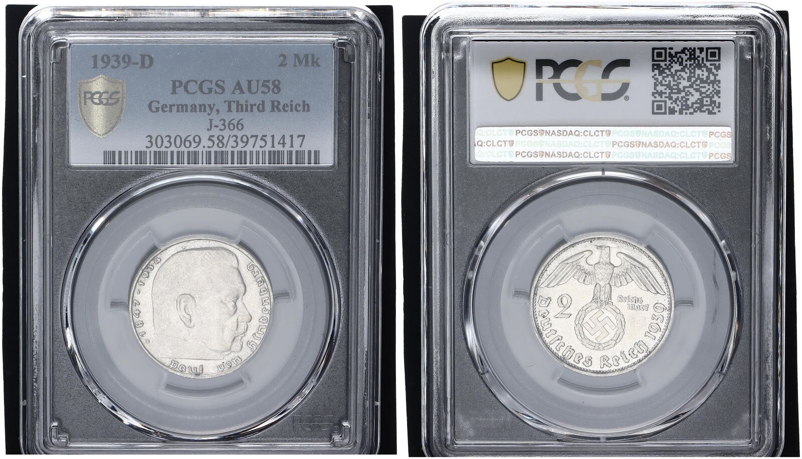 Germany, 3. Reich 2 Mark 1939-D Paul von Hindenburg J.366 PCGS AU58 | MA-Shops