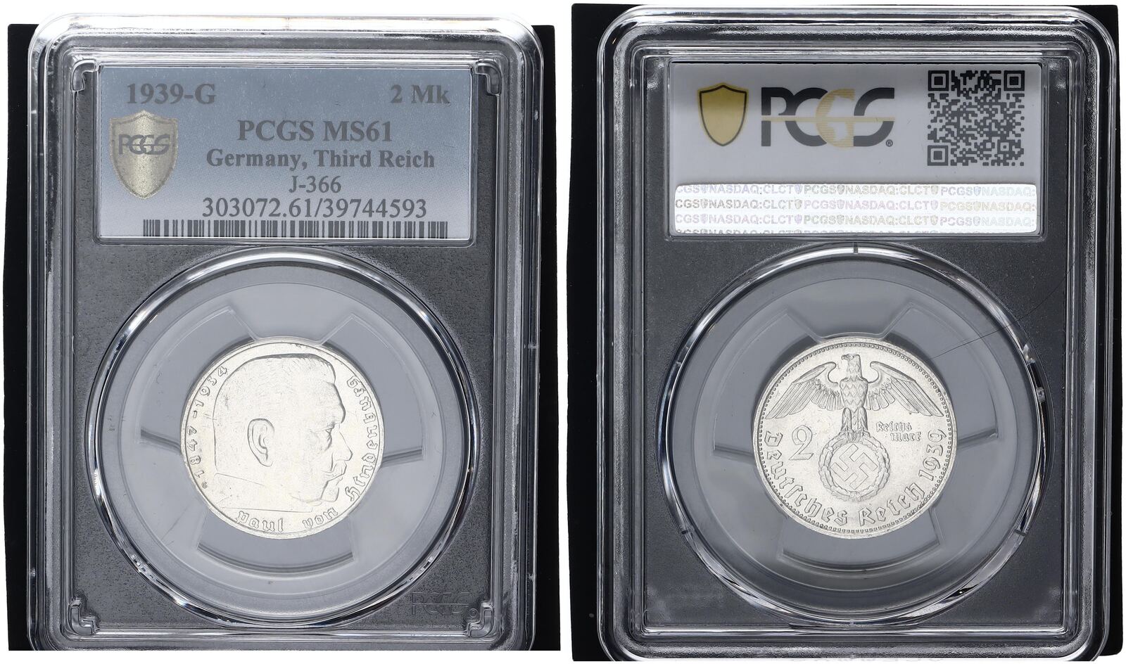 Germany, 3. Reich 2 Mark 1939-G Paul von Hindenburg J.366 PCGS MS61 | MA-Shops