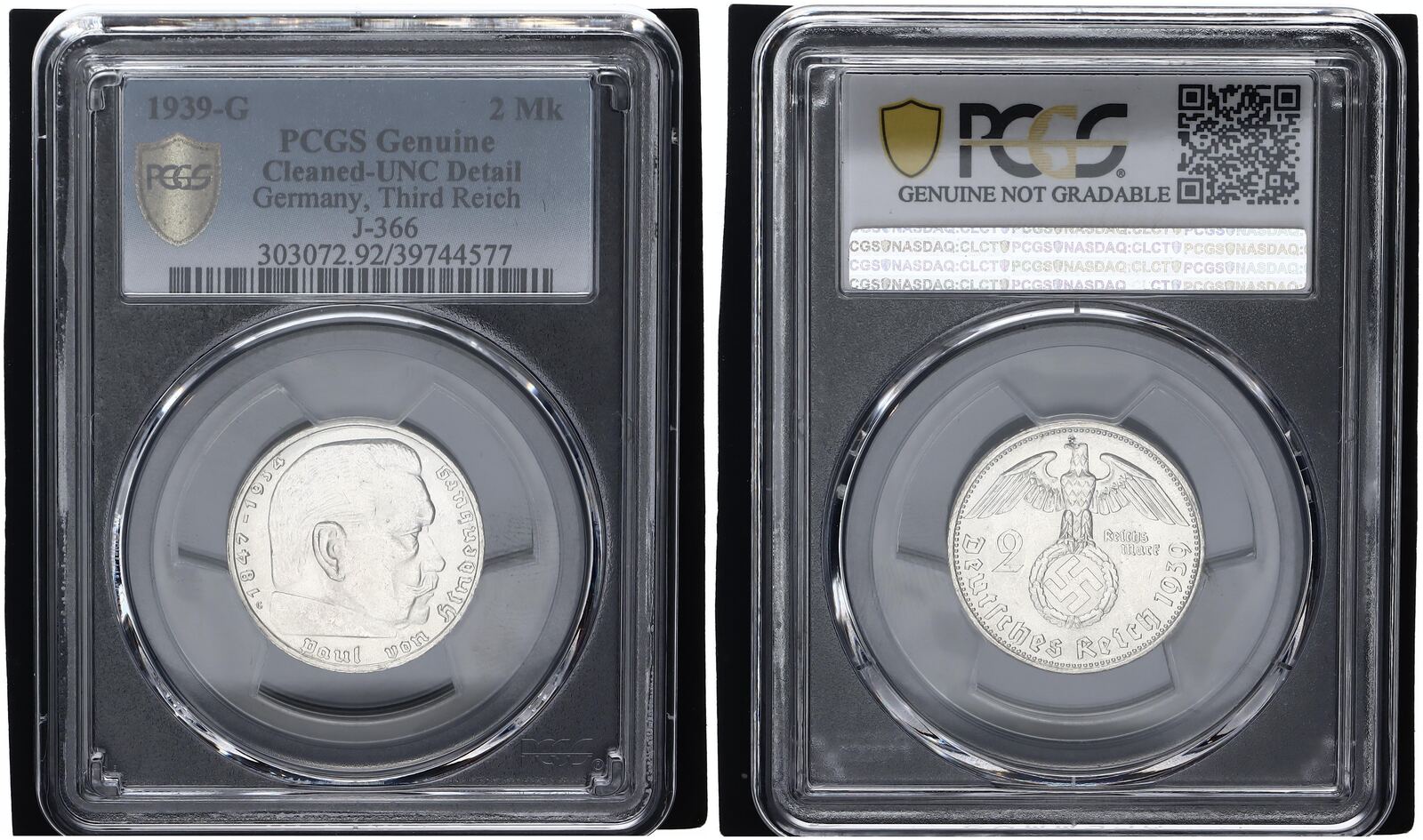 Germany, 3. Reich 2 Mark 1939-G Paul von Hindenburg J.366 PCGS Genuine - UNC Details (92 ...