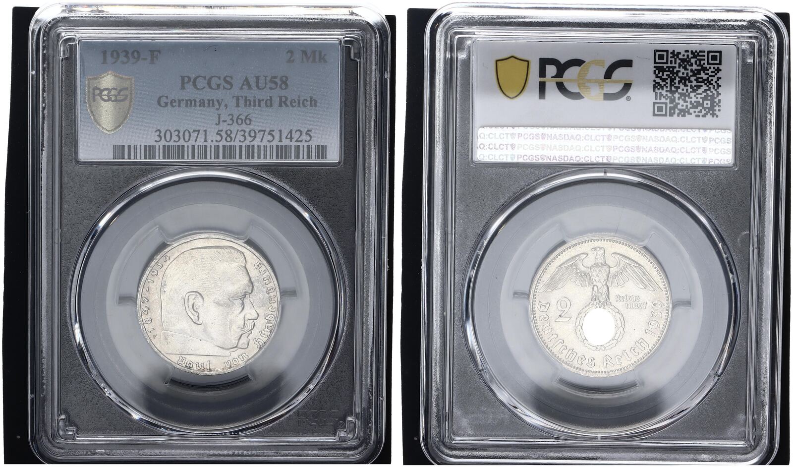 Germany, 3. Reich 2 Mark 1939-F Paul von Hindenburg J.366 PCGS AU58 | MA-Shops
