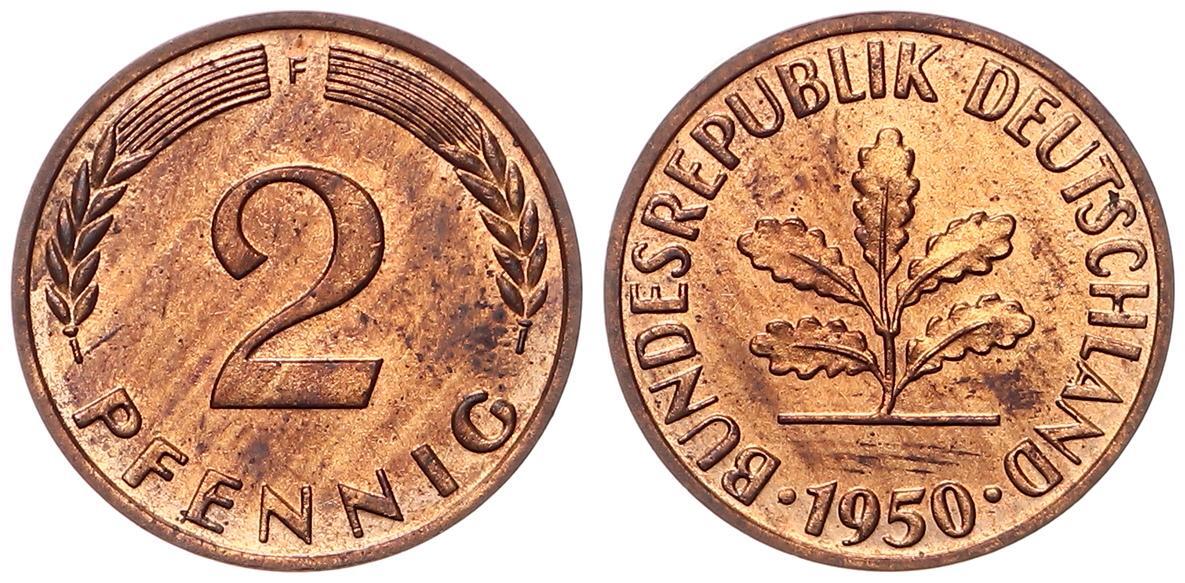BRD 2 Pfennig 1950 F Kursmünze J.381 prägefrisch,Kupferpatina | MA-Shops