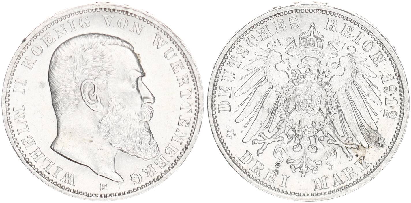Kaiserreich - Württemberg 3 Mark 1912 F Wilhelm II. vz+, kl. Kratzer ...