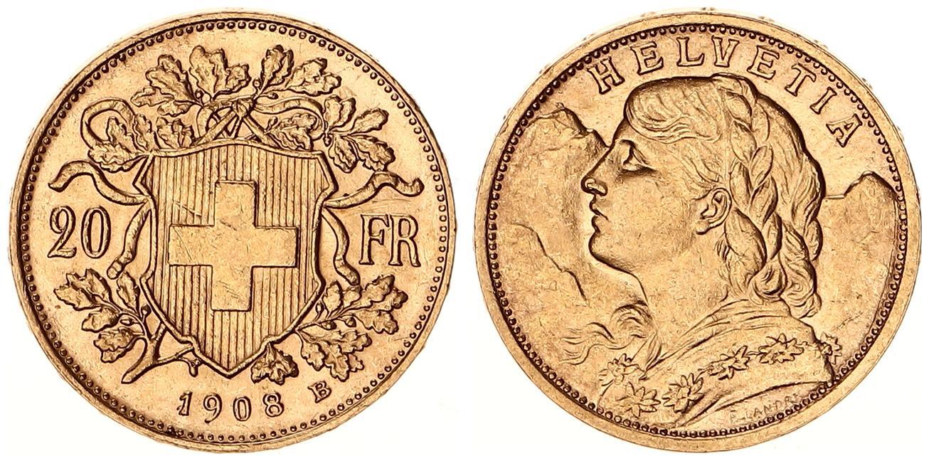 Schweiz 20 Franken 1908 B Vreneli vz-st/prfr. | MA-Shops