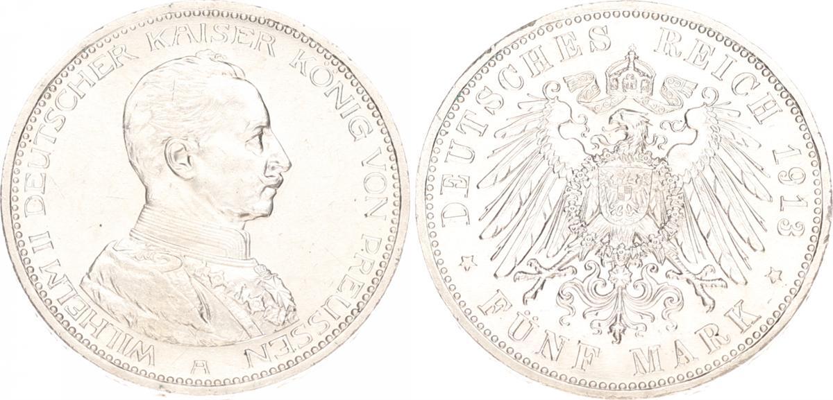 Preußen 5 Mark 1913 A Kaiser in Uniform Wilhelm II vz+/vz-st | MA-Shops