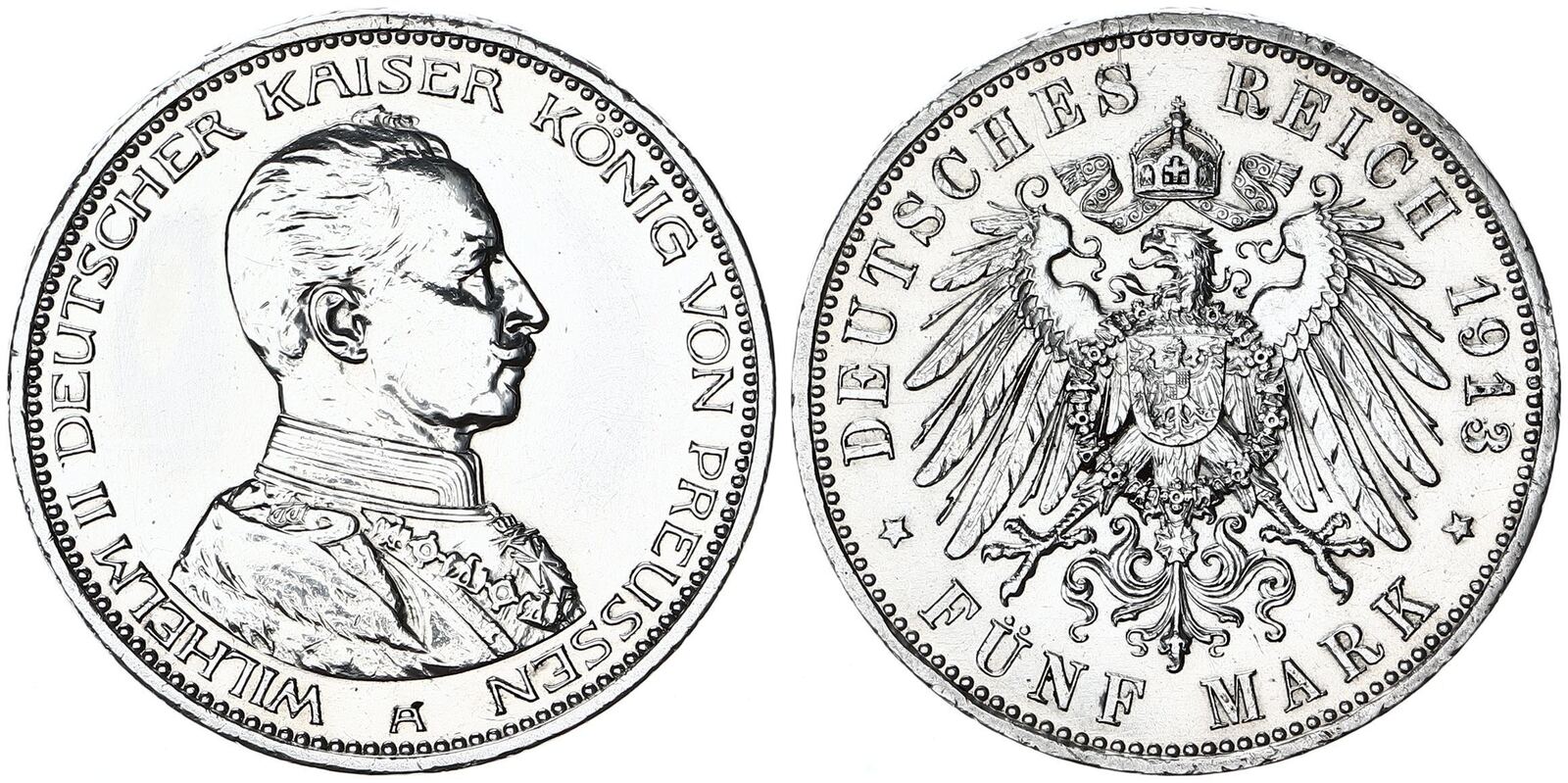 Preußen 5 Mark 1913 A Kaiser in Uniform Wilhelm II. ss-vz ,gereinigt | MA-Shops