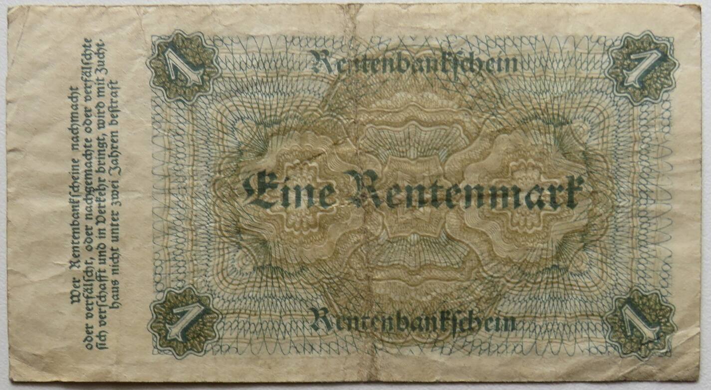Deutsches Reich 1 Rentenmark 1.11.1923 Ktz 8-stellig, Serie J stark ...