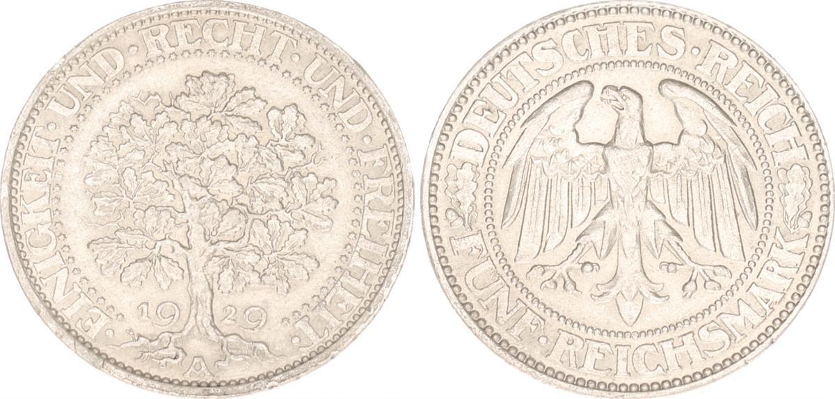 Weimarer Republik - Deutschland Weimar 5 Mark 1929 A Eichbaum ss-vz ...