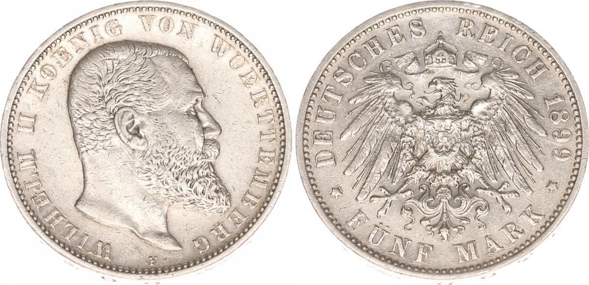Deutsches Kaiserreich-Württemberg 5 Mark 1899 F König Wilhelm II. ss ...