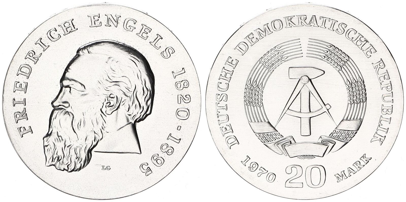 Deutschland / DDR 20 Mark Silber 1970 Friedrich Engels prägefrisch ...