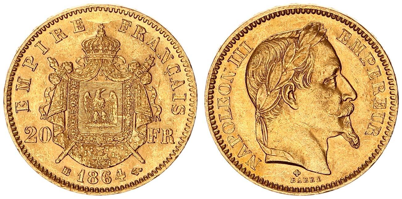 Frankreich 20 Francs Gold 1864 BB Napoleon III. vz | MA-Shops