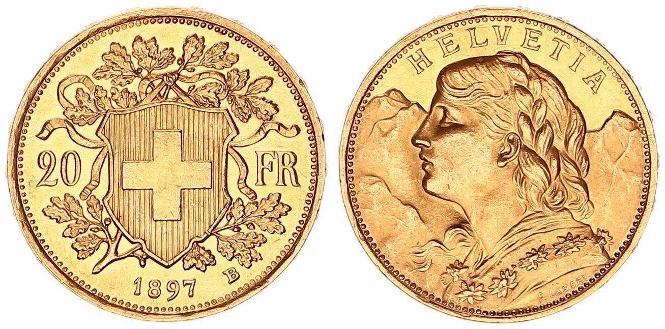 Schweiz 20 Franken Gold 1897 B Vreneli fast Stempelglanz | MA-Shops