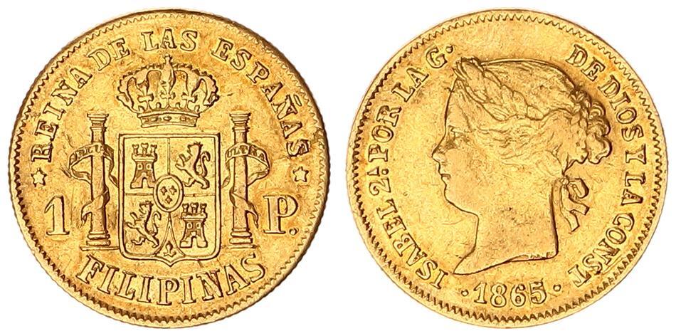 Philippinen - Manila 1 Peso Gold 1865 Isabel II. Jahreszahl aus 1859 ...