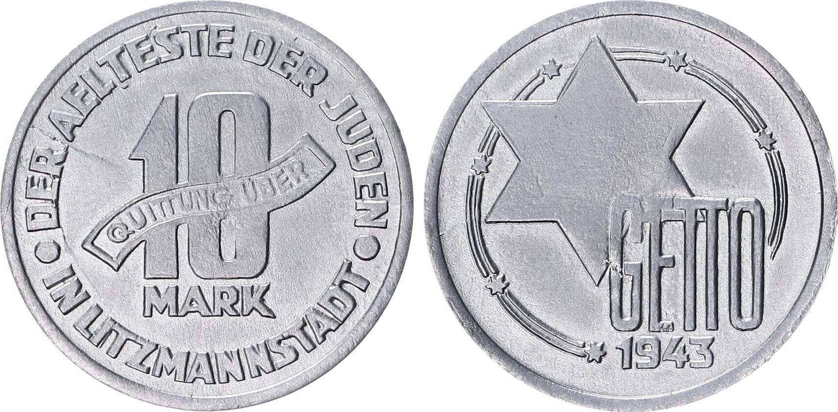 Deutschland / Polen / Getto Litzmannstadt 10 Mark (mit Echtheitszertifikat) 1943 Aluminium 2,66g ...