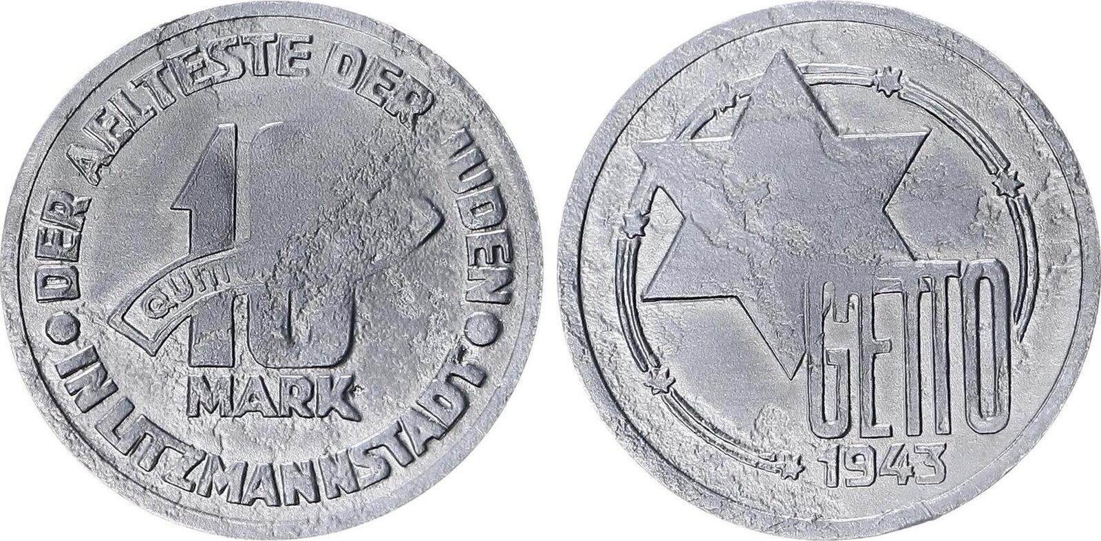 Deutschland / Polen / Getto Litzmannstadt 10 Mark (mit Echtheitszertifikat) 1943 Aluminium 2,60g ...