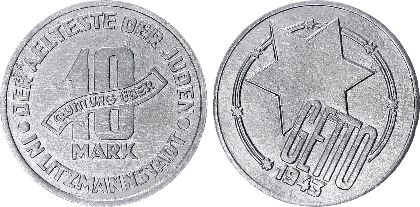 Deutschland / Polen / Getto Litzmannstadt 10 Mark (mit Echtheitszertifikat) 1943 Aluminium 3,36g ...