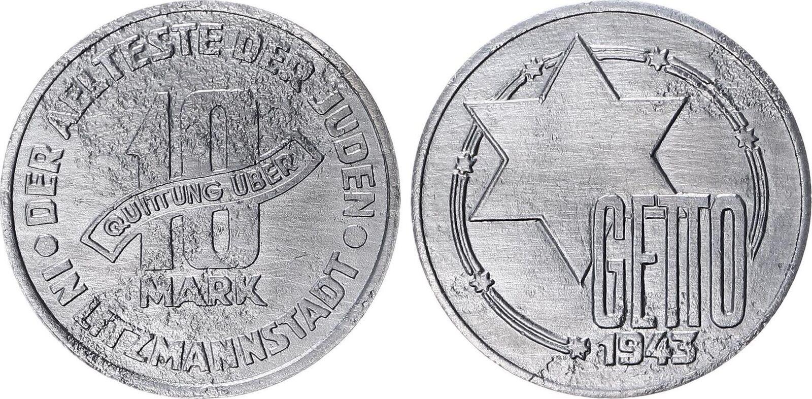 Deutschland / Polen / Getto Litzmannstadt 10 Mark (mit Echtheitszertifikat) 1943 Aluminium 3,21g ...