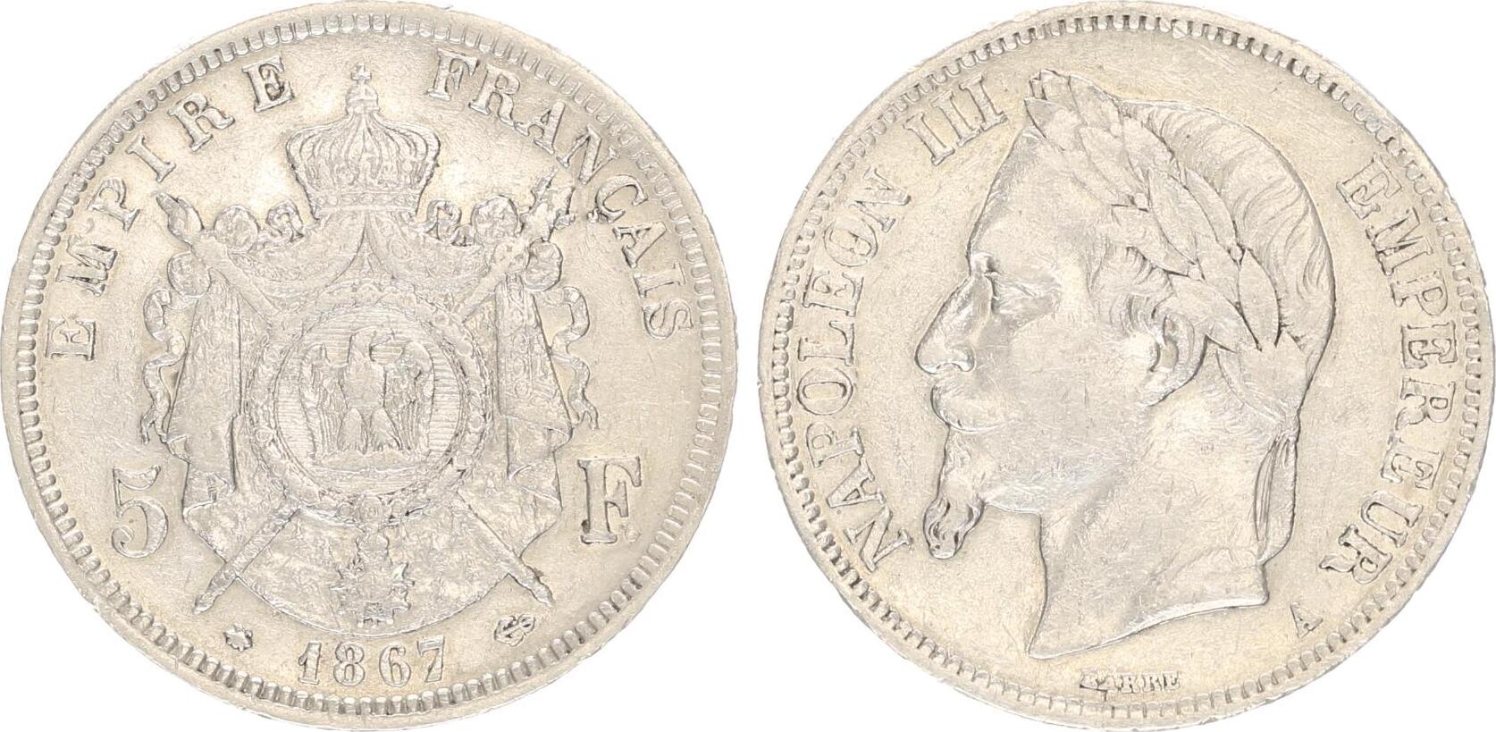 Frankreich 5 Franc Silber 1867 A Königreich - Strassburg- Napoleon III ...