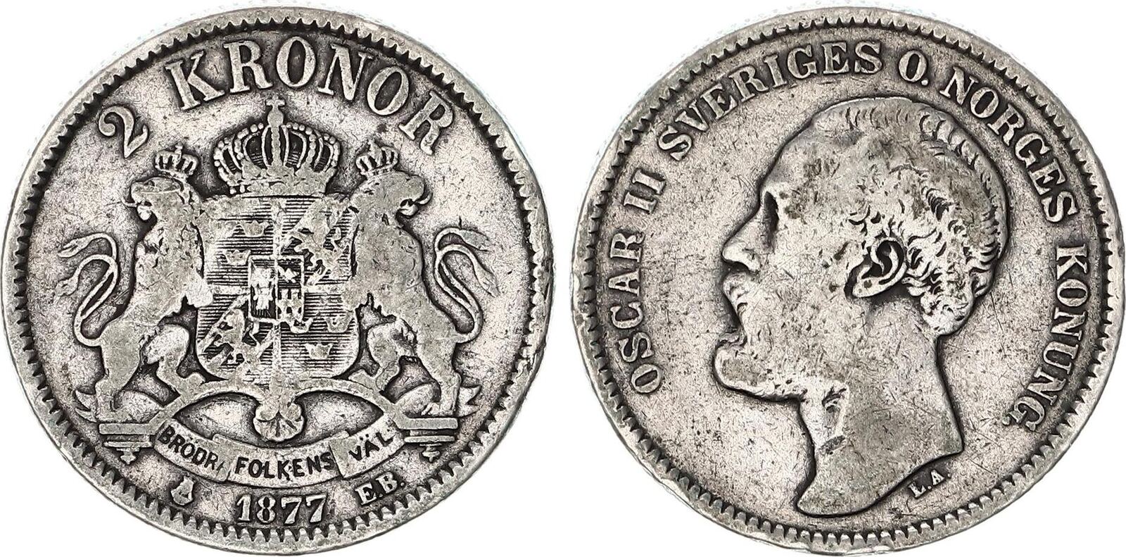 Schweden 2 Krona Silber 1877 Oscar II. s-ss | MA-Shops