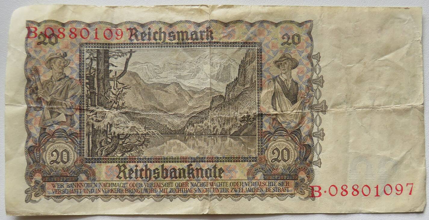 Drittes Reich 20 Reichsmark 1939 Alpenmädel, Tirolerschein, Serie B ...