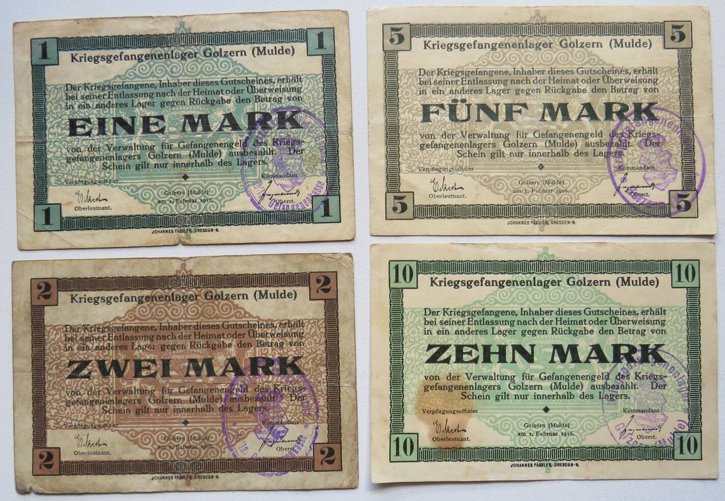 Lagergeld 1. Weltkrieg, Golzern, Mulde, Sachsen 1, 2, 5, 10 Mark 1.02. ...