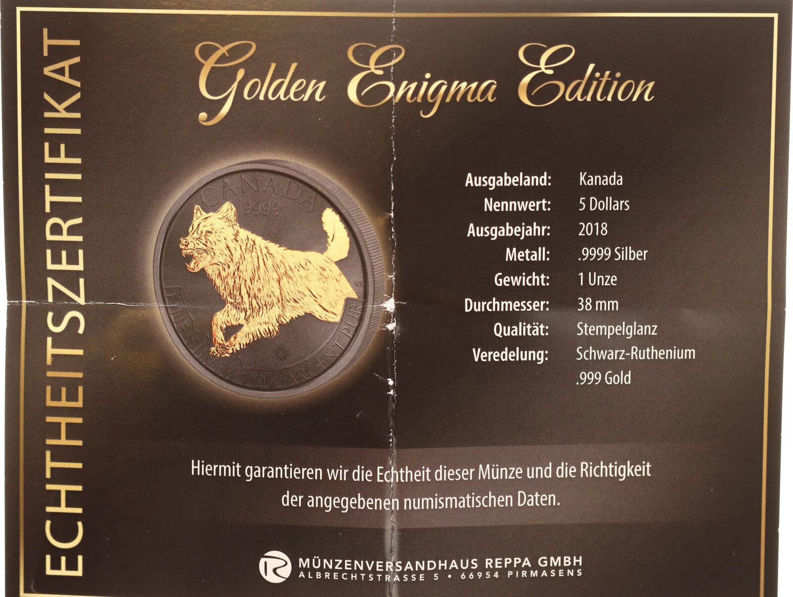 Kanada 5 Dollar 1oz Silber 2018 Wolf Golden Enigma Edition Stempelglanz ...