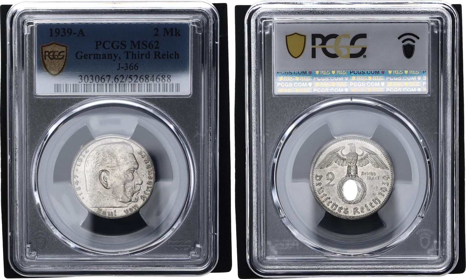 Germany, 3. Reich 2 Mark Silber 1939 A Paul von Hindenburg J-366 PCGS MS62 | MA-Shops