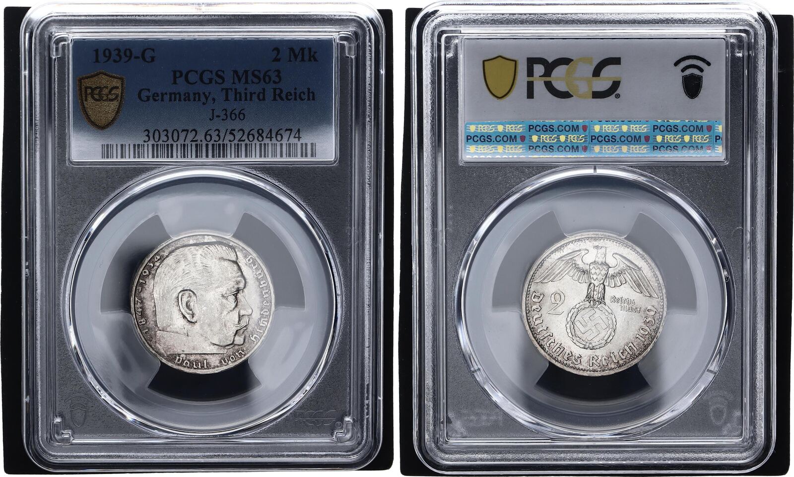 Germany, 3. Reich 2 Mark Silber 1939 G Paul von Hindenburg J-366 PCGS MS63 | MA-Shops