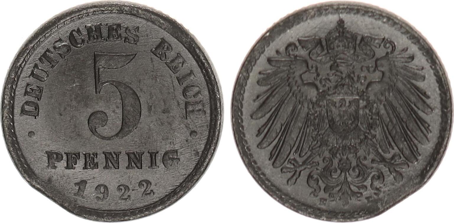 Kaiserreich 5 Pfennig 1922E Fehlprägung, Zainende bei 7 Uhr Prfr. | MA ...