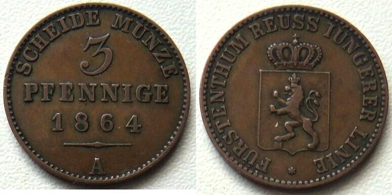 Reuss-jüngere Linie 3 Pfennig 1864 A Heinrich LXVII. (1854-1867) sehr ...