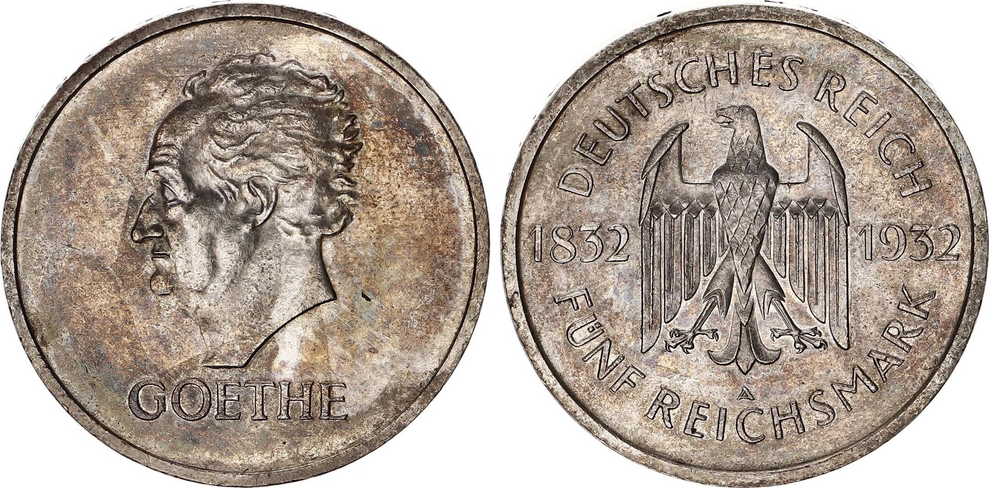 Weimarer Republik 5 Mark Silber 1932 A Goethe - selten vz+, schöne ...