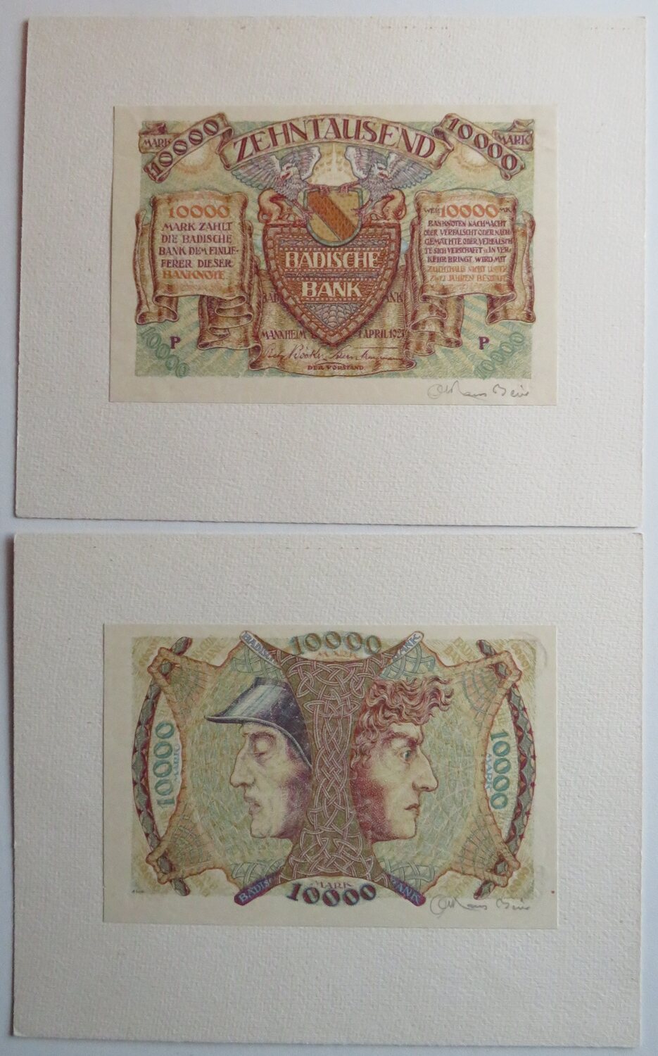 Baden 2 einseitige Druck-Proben, 100.000 Mark 1923 Badische Bank ...
