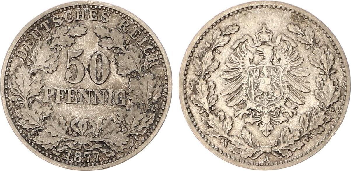 Deutsches Kaiserreich 50 Pfennig Silber 1877 A Kursmünze J.8 * ss | MA ...