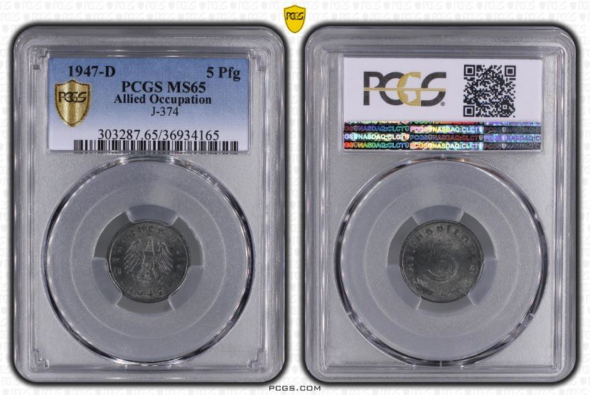 Allied Occupation 5 Pfg 1947-D Alliierte Besetzung 5 Pfennig 1947 D Prägefrisch-Stempelglanz ...