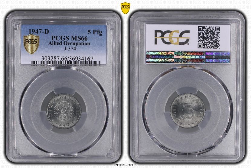 Allied Occupation 5 Pfg 1947-D Alliierte Besetzung 5 Pfennig 1947 D Prachtexemplar, Stempelglanz ...