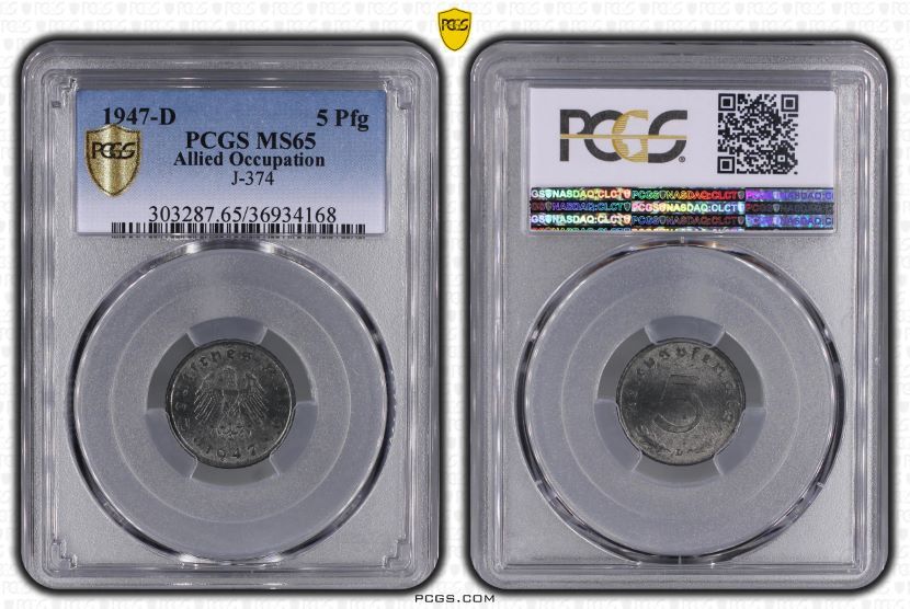 Allied Occupation 5 Pfg 1947-D Alliierte Besetzung 5 Pfennig 1947 D Prägefrisch-Stempelglanz ...