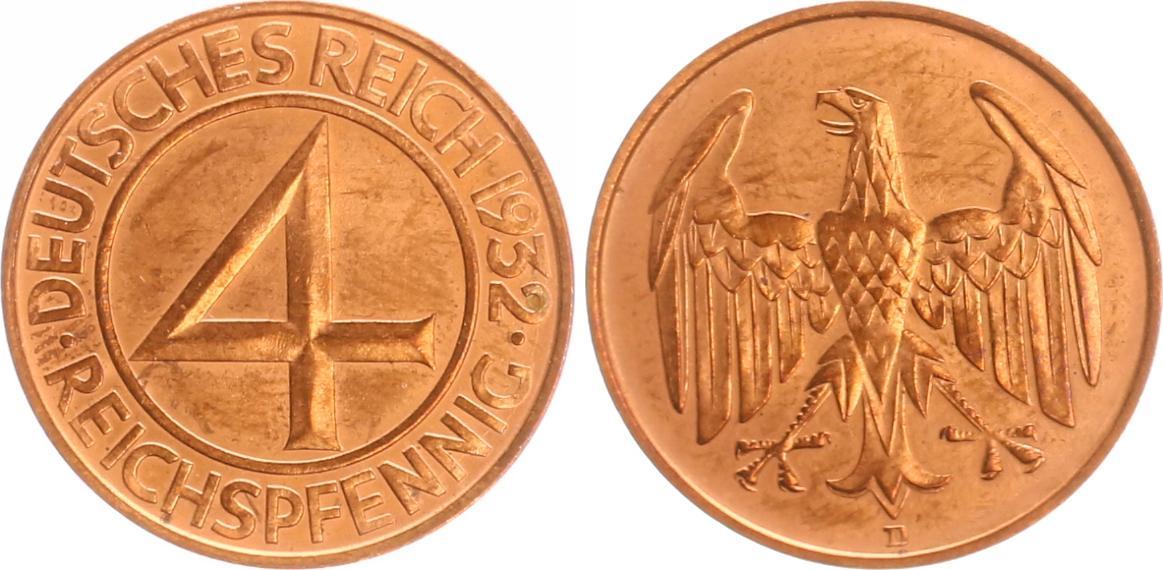 4 Pfennig Weimar, J.315 4 Reichspfennig 1932 D fast Stempelglanz | MA-Shops