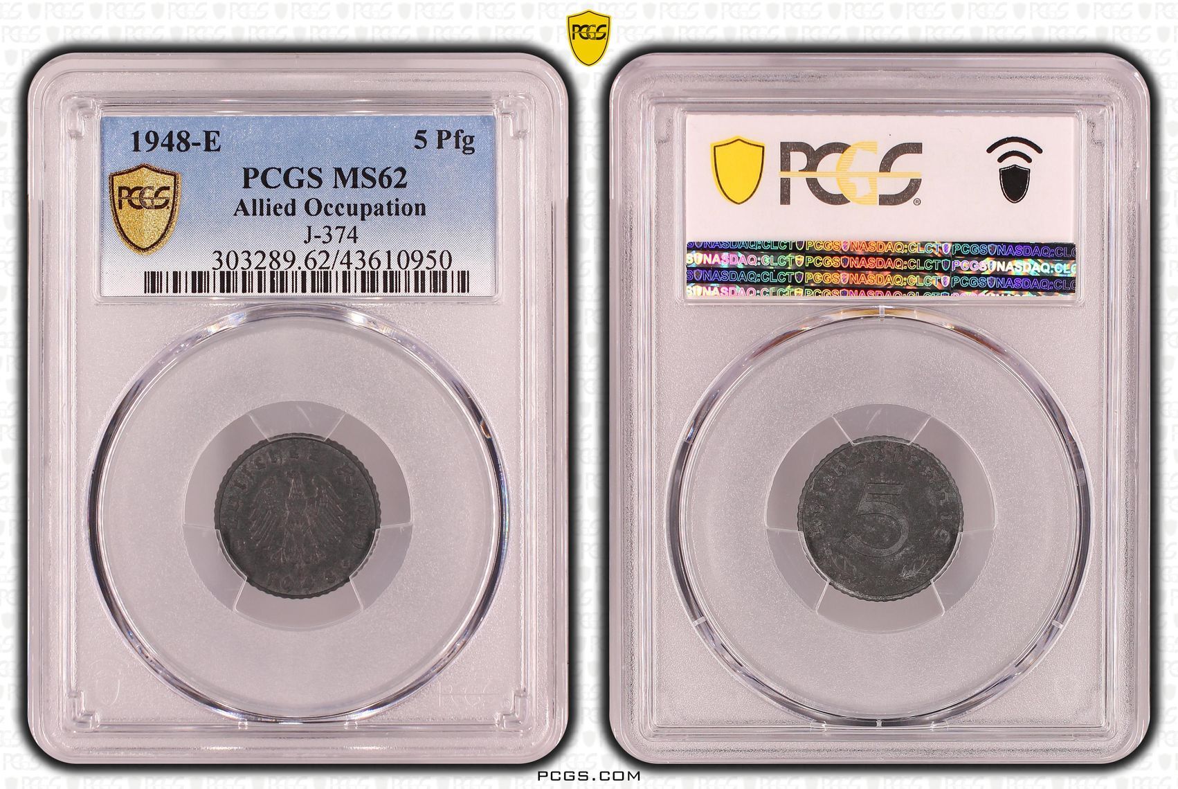 Allied Occupation 1948-E Alliierte Besetzung 5 Pfennig 1948 E prägefrisch PCGS zertifiziert PCGS ...